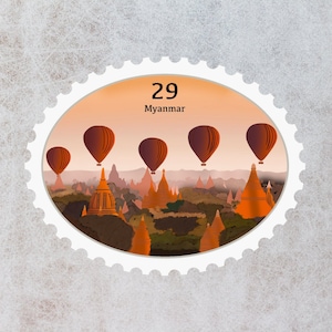 Myanmar Travel Stamp Sticker | Hot Air Balloon Festival, Temples of ...
