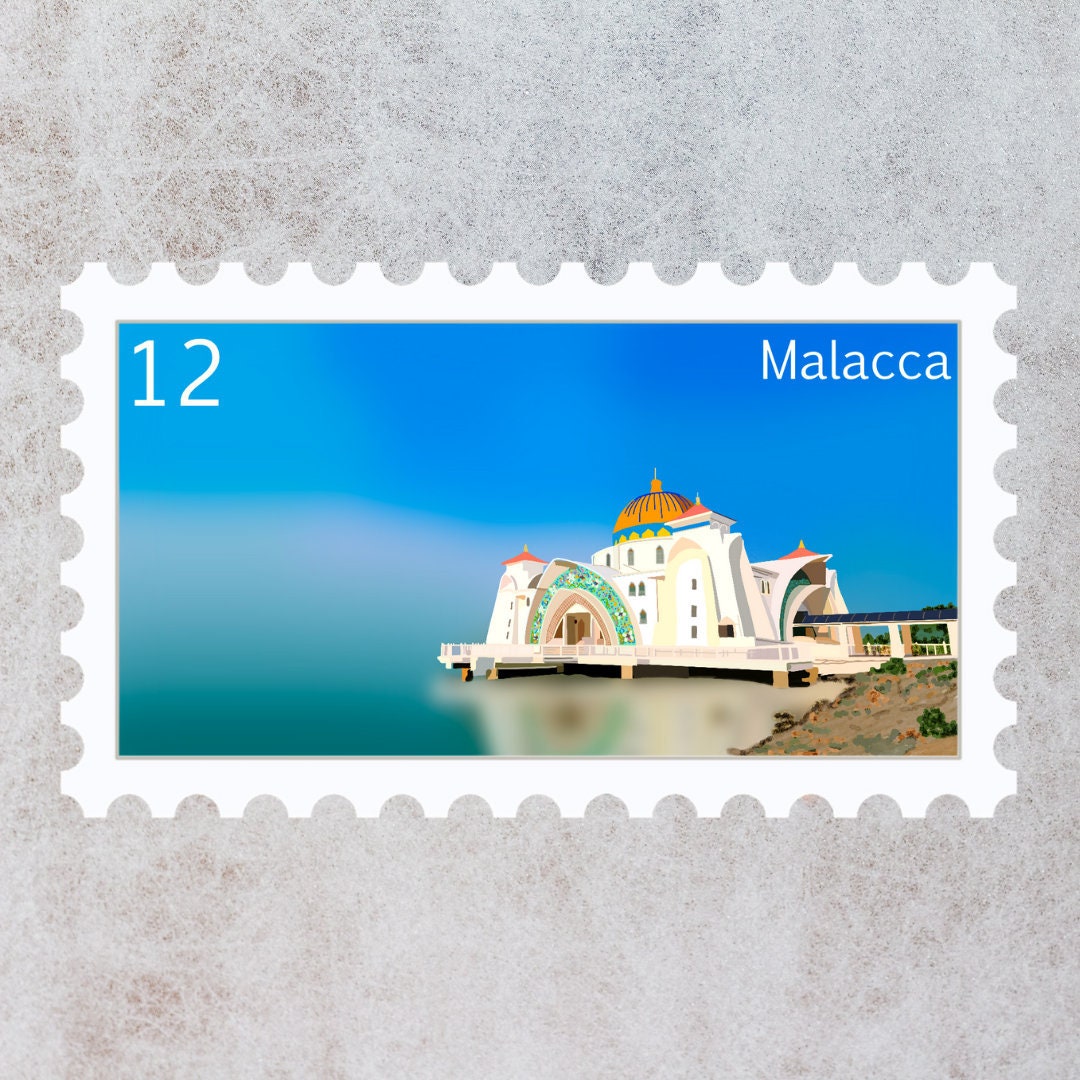 Malacca Travel Stamp Sticker | Malaysia, Malaca Strait Mosque ...