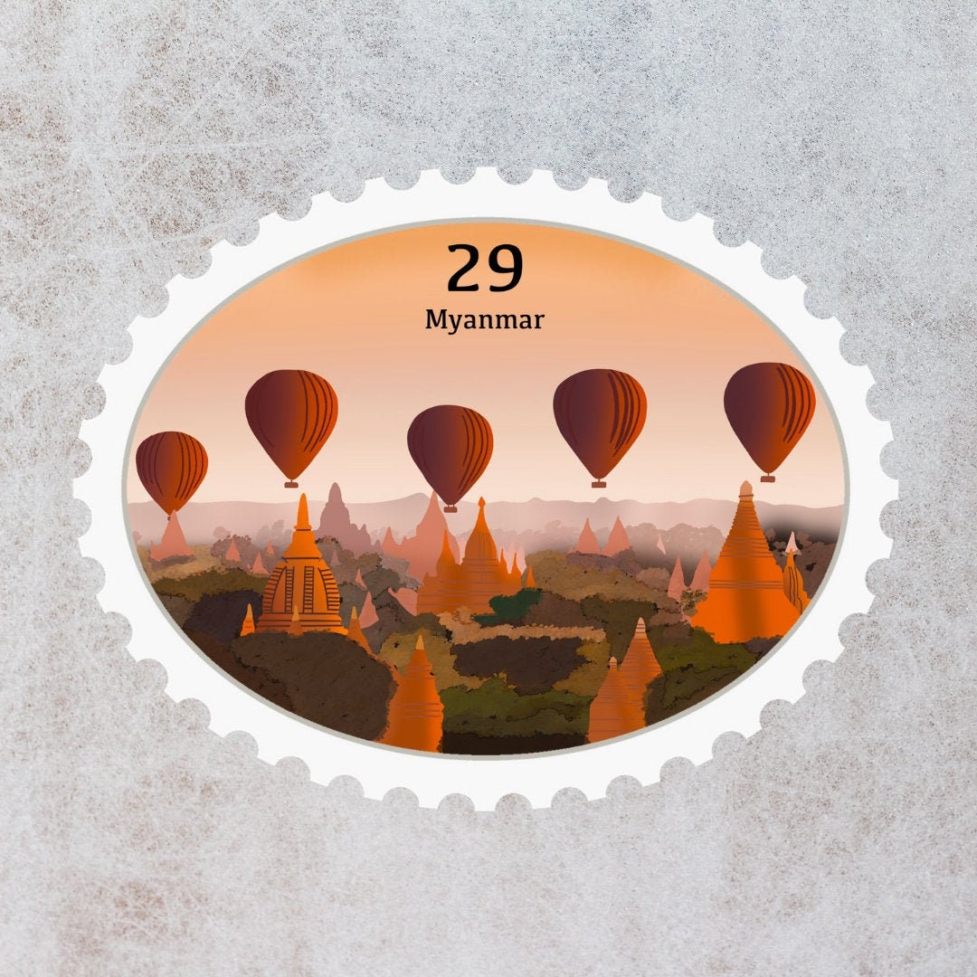 Myanmar Travel Stamp Sticker | Hot Air Balloon Festival, Temples of ...
