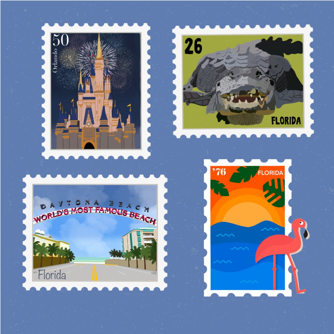 Florida Travel Stamp Sticker | Orlando Theme Park, Castle, Everglades ...