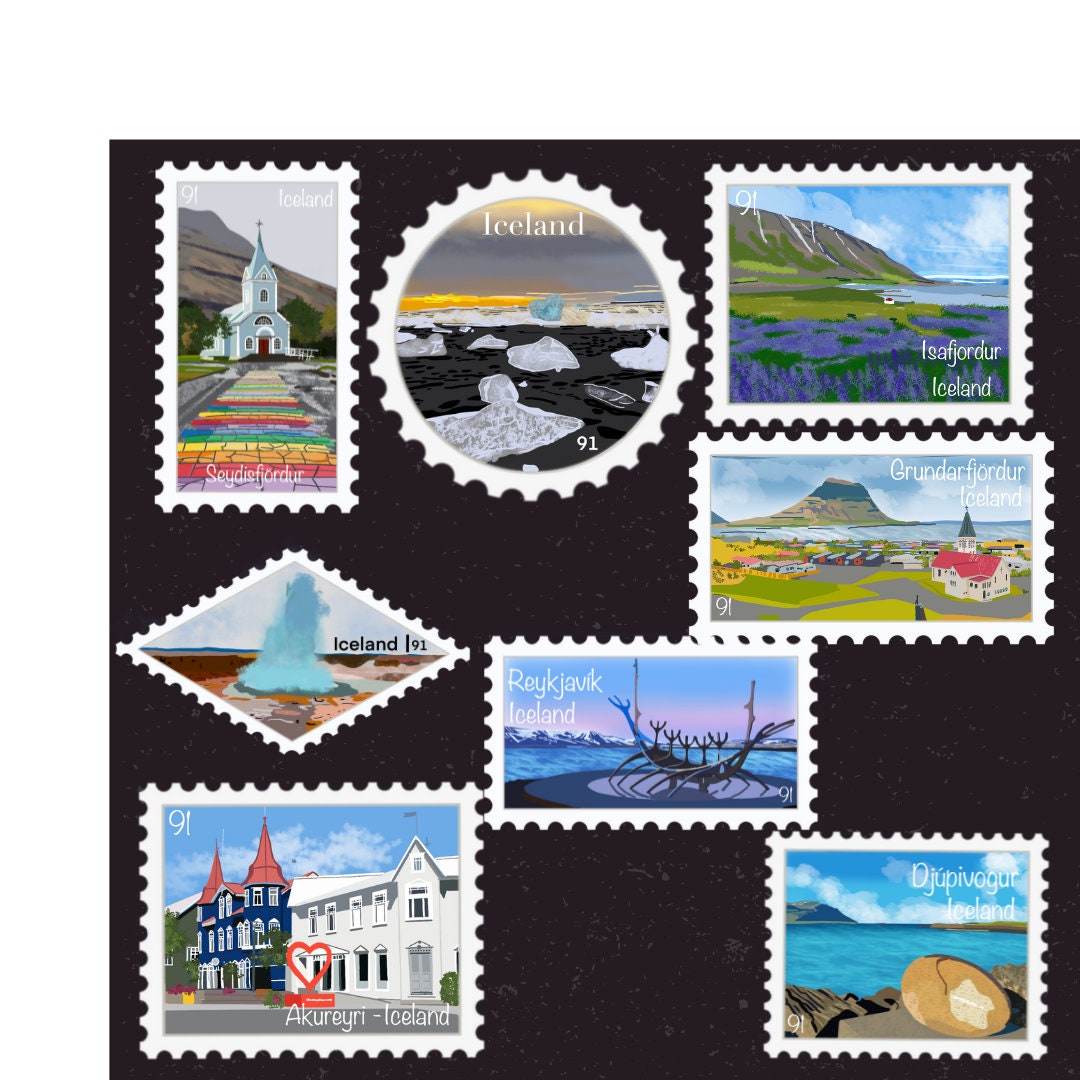 Iceland Travel Stamp Sticker | Diamond, Geyser, Reykjavik ...