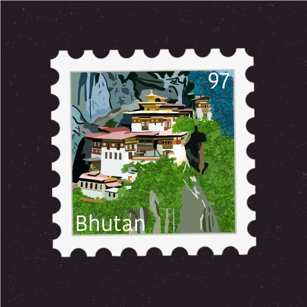 Bhutan Travel Stamp Sticker | South Asia, Himalayas, Thimphu, Tiger’s ...