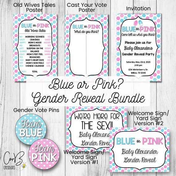 Blue or Pink Gender Reveal Bundle Personalized Printable | Etsy