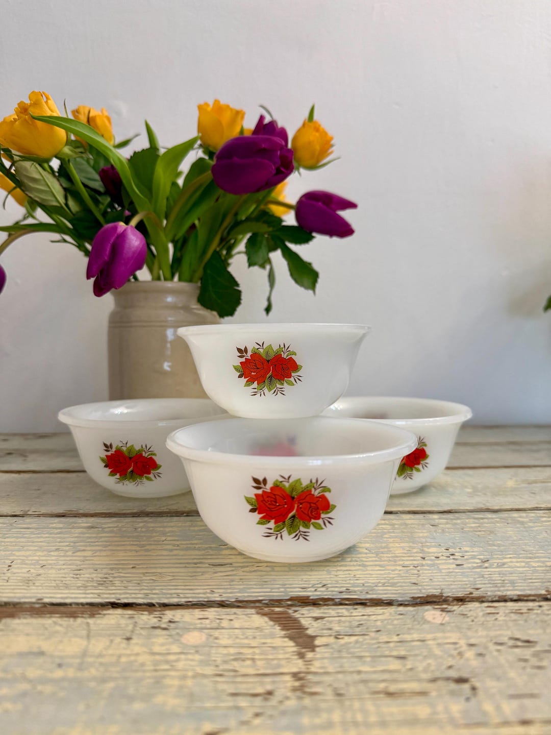 Set of 4 Retro Vintage Phoenix Opalware Small White Bowls With Red ...