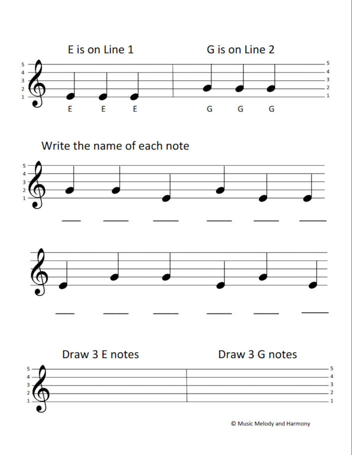 Treble Clef - Notes E & G Worksheet - Etsy