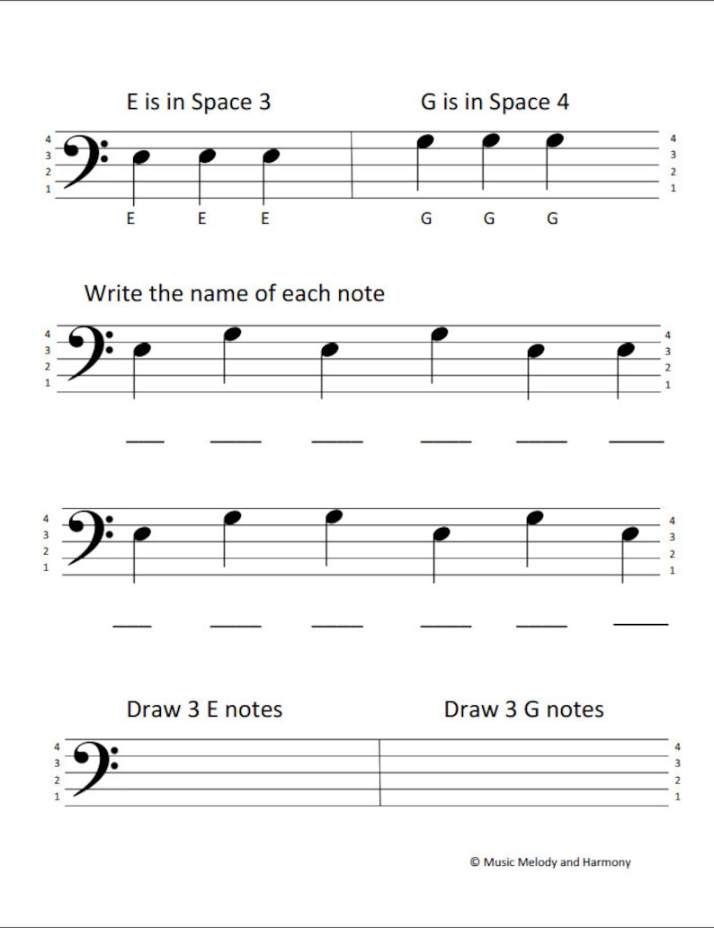 Bass Clef - Notes E & G Worksheet - Etsy