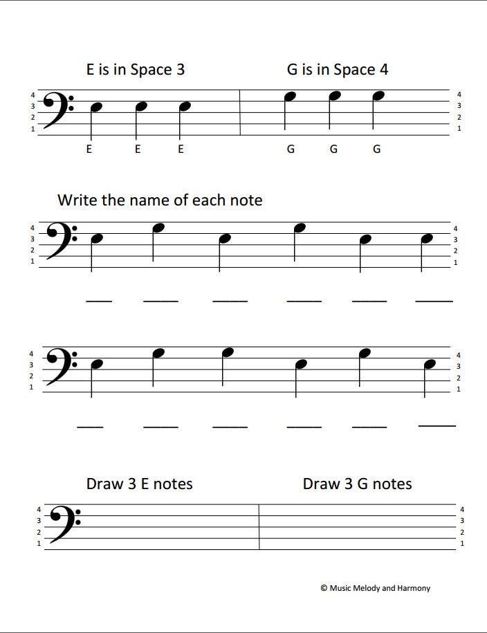 Bass Clef - Notes E & G Worksheet - Etsy