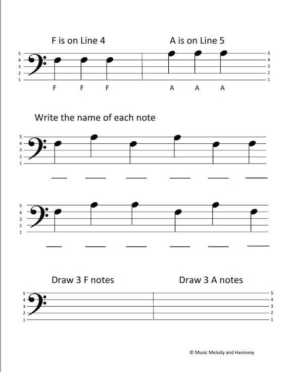 Bass Clef Notes F & A Worksheet - Etsy