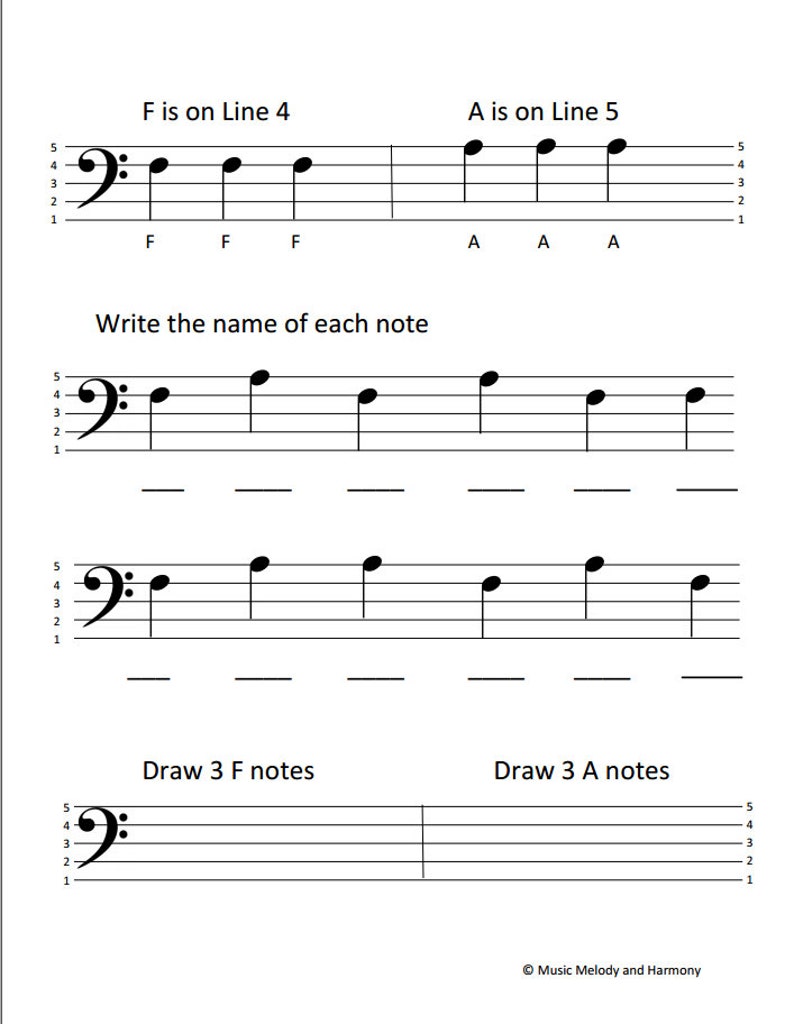 Bass Clef Notes F & A Worksheet - Etsy