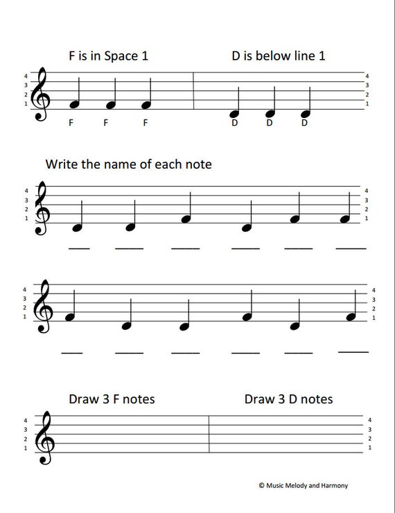 Treble Clef Notes D & F Worksheet | Etsy