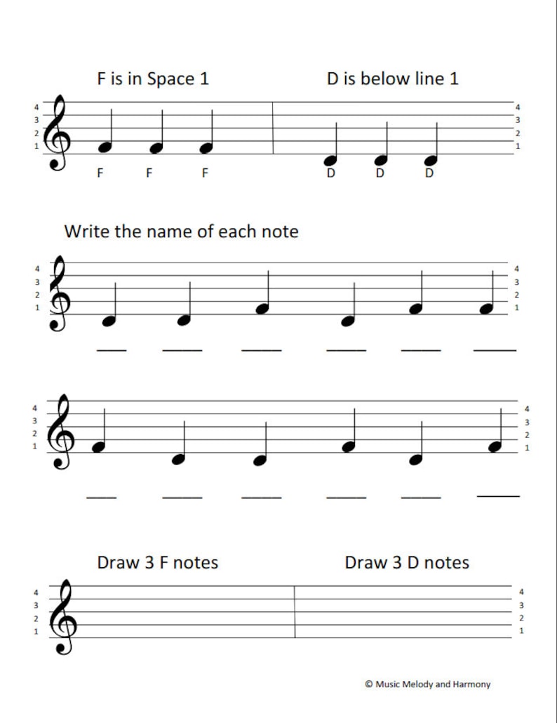 Treble Clef Notes D & F Worksheet - Etsy