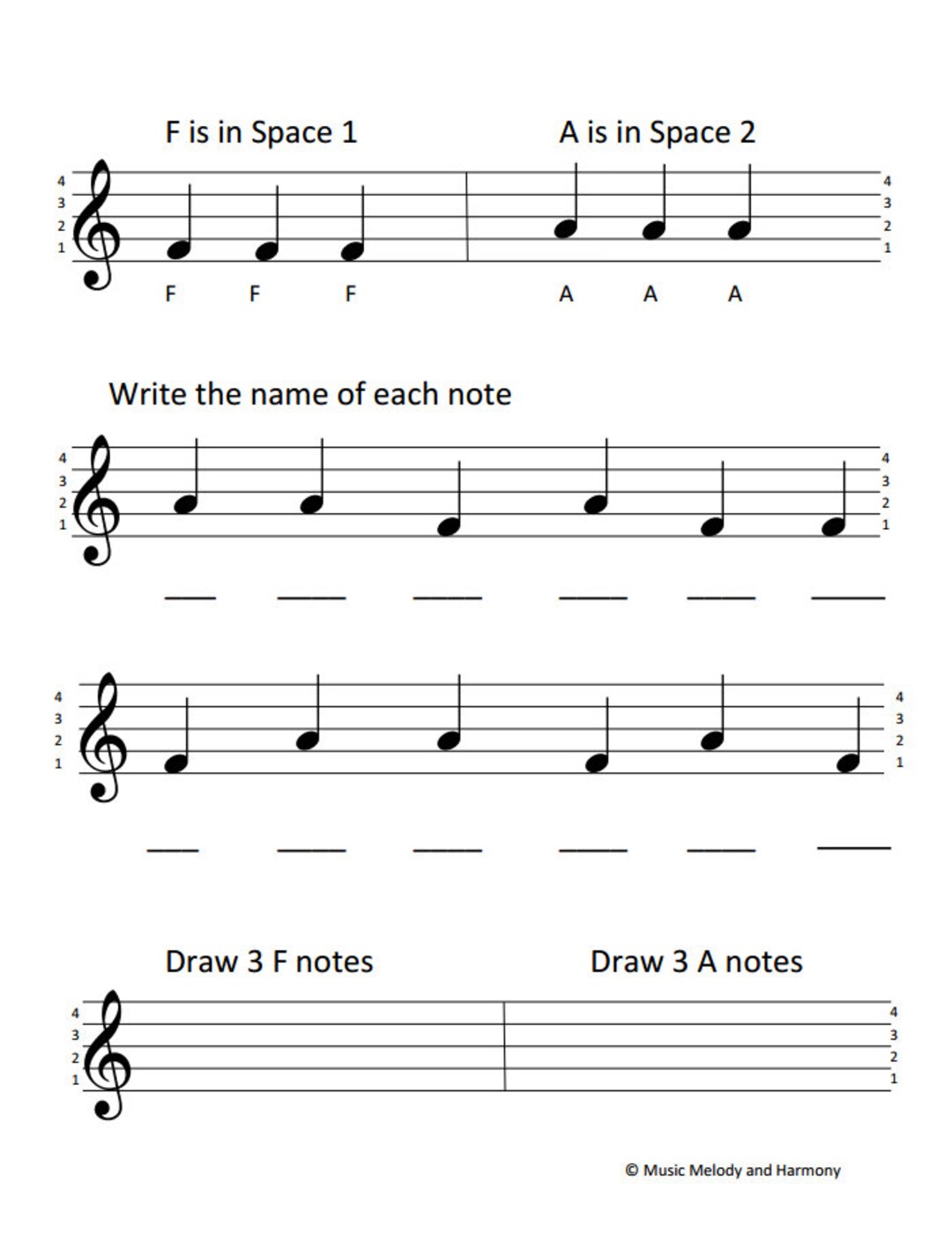 Treble Clef - Notes F & A Worksheet - Etsy