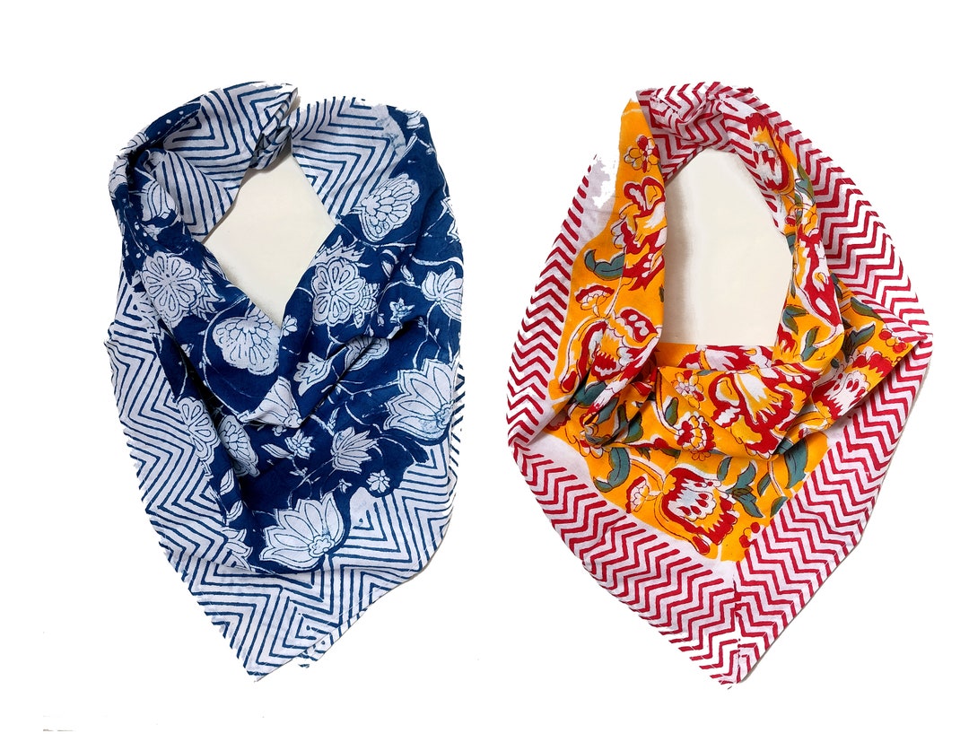 Blue and Yellow Handblock Print Set of 2 Bandanas for Women Mini Scarfs ...