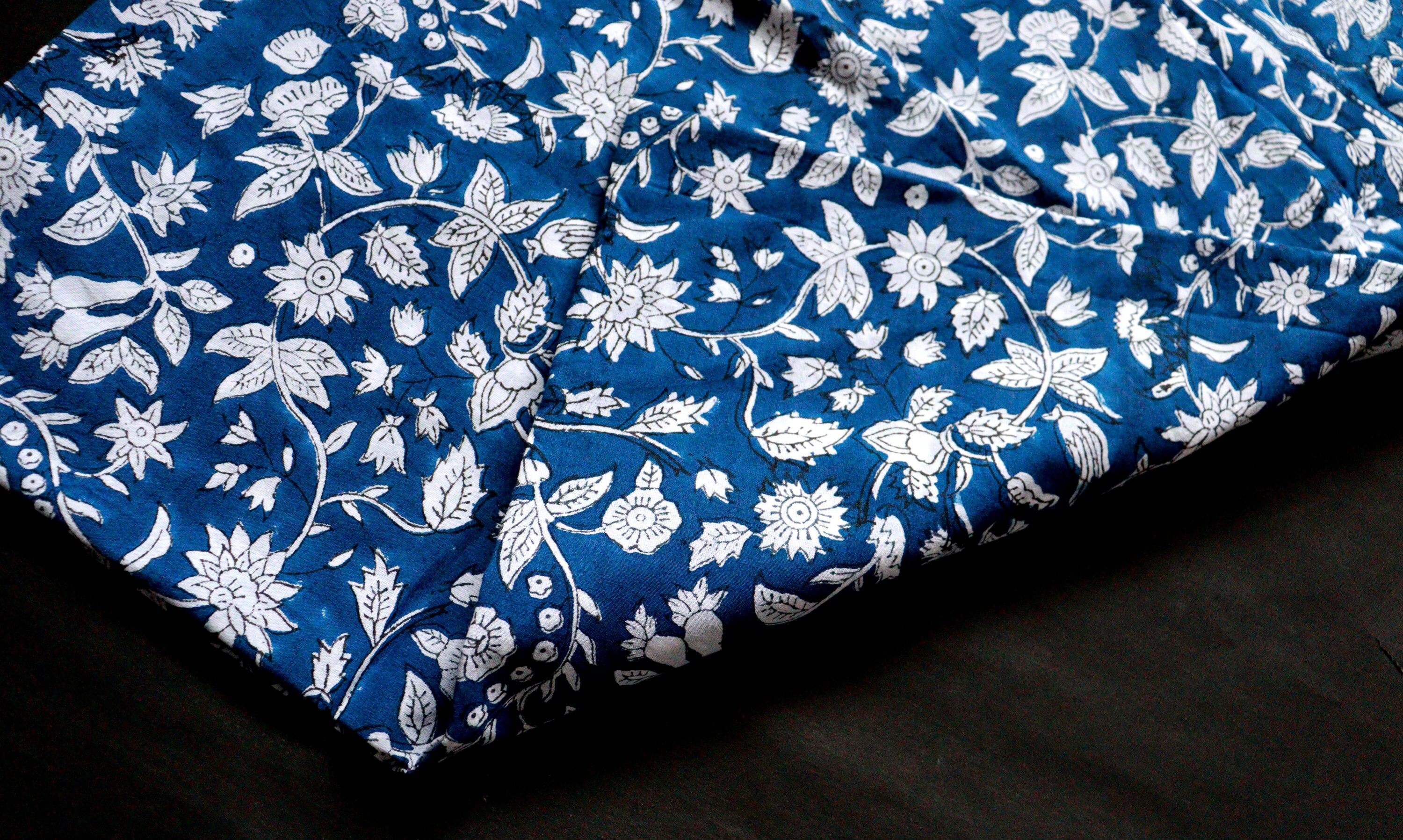 Blue Handmade Solid Design Floral Cloth Hand Block Printed 100% Pure ...