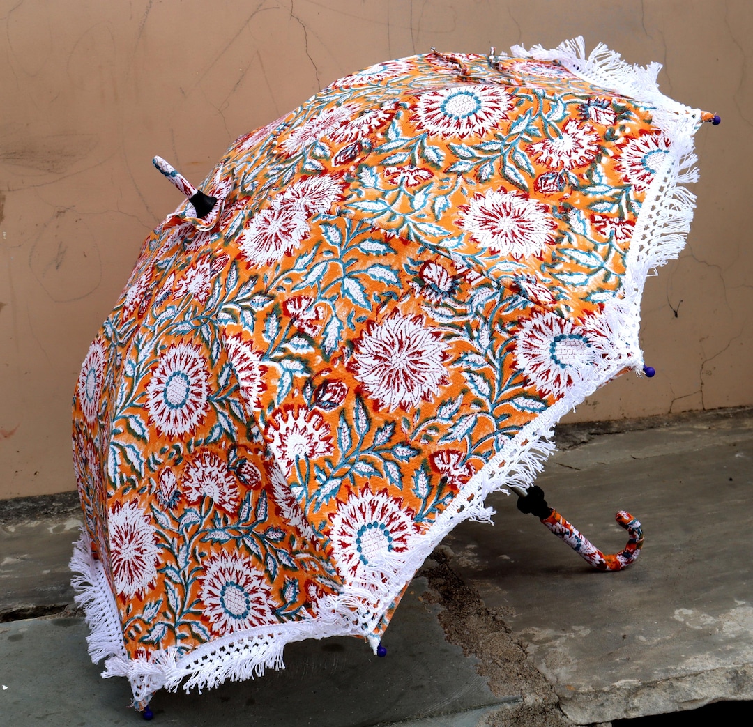 Orange Floral Wedding Parasol: Handmade Indian Cotton Decorative Umbrella - Etsy