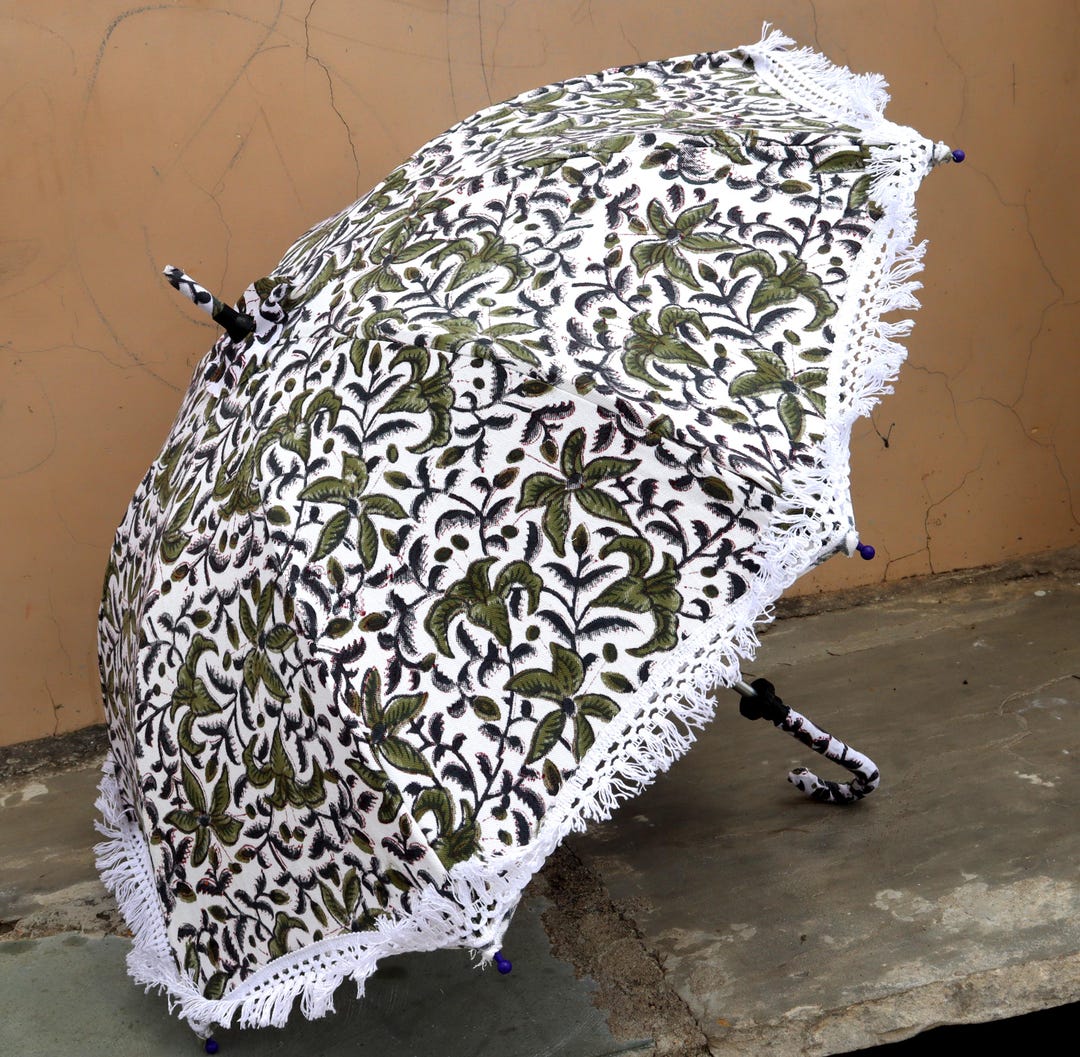 Canvas Green Flower Floral Handmade Parasol Indian Decorative Cotton Party Decor Garden ...