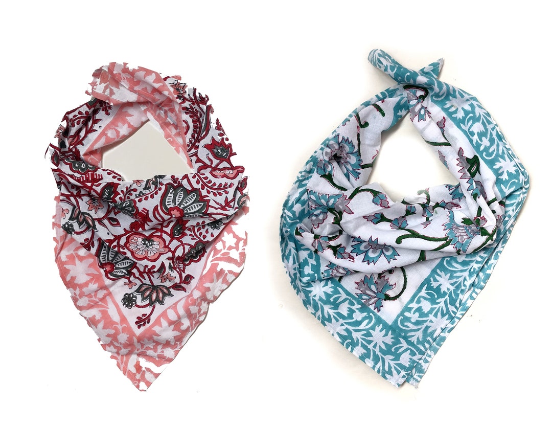 Red and Blue Set of 2 Handblock Print Bandanas for Women Mini Scarfs ...