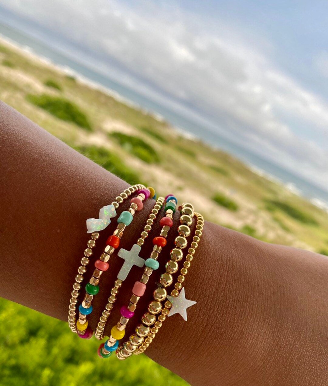 24k Gold Beaded Star Bracelet, 14k Gold Beaded Star Opal Bracelet, Star ...