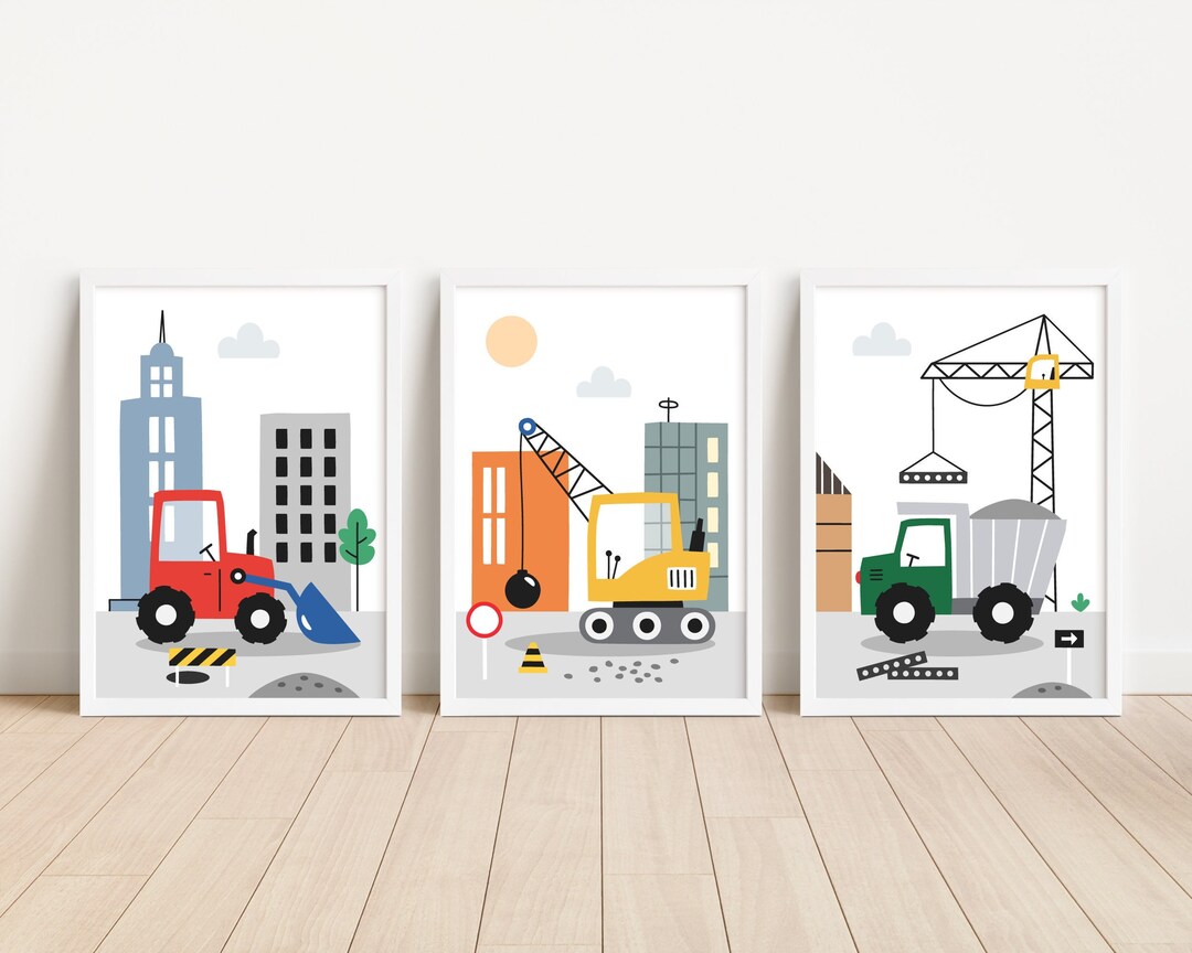 Set of 3 Construction Truck Prints, Tractor, Dump Truck, Crane, Nursery ...