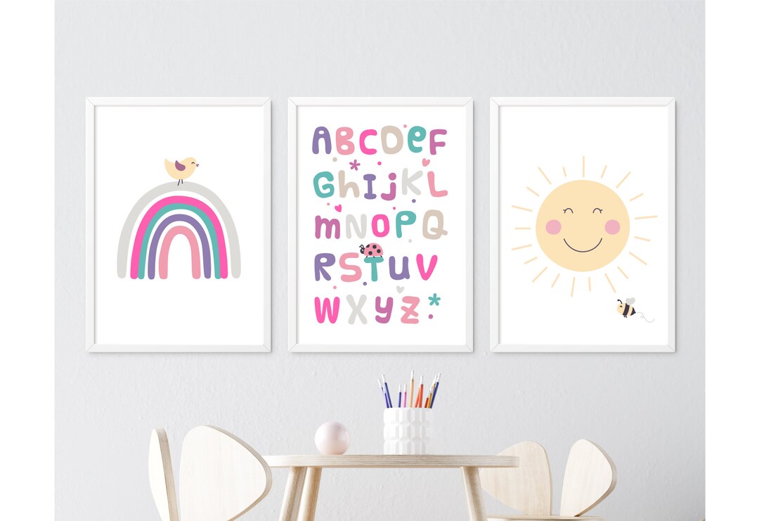 Rainbow Sun Alphabet Wall Art, Set of 3 Print, Educational Nursery ...