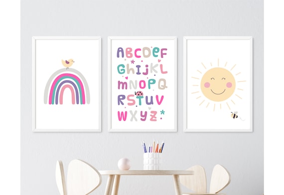 Rainbow Sun Alphabet Wall Art Set of 3 Print Educational | Etsy
