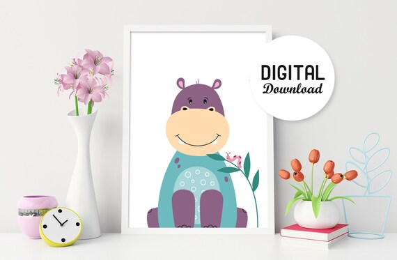 Hippopotamus Printable Nursery Art Kids Cute Hippo Art Print | Etsy