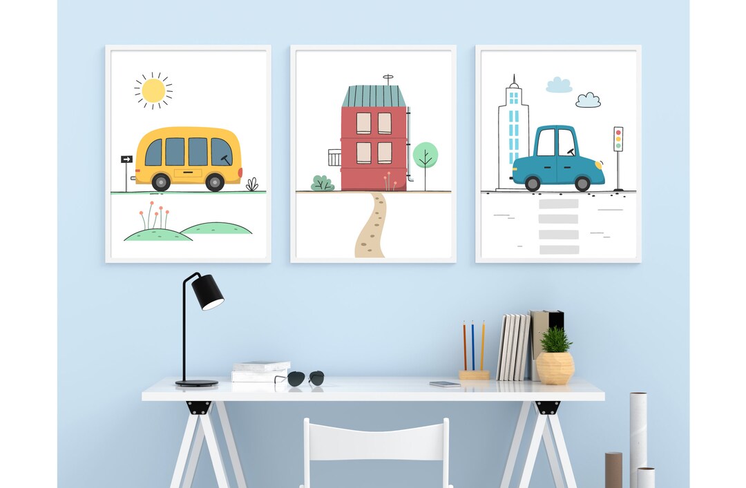 Set of 3 Nursery Prints, Transportation Prints, Car and School Bus Kids ...