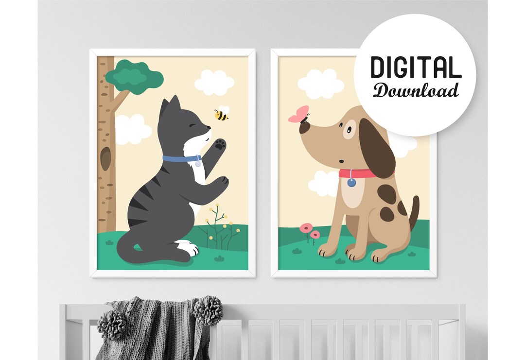 Cat and Dog Prints, Cat Wall Art, Animal Nursery Art, Cat Lovers, Dog ...