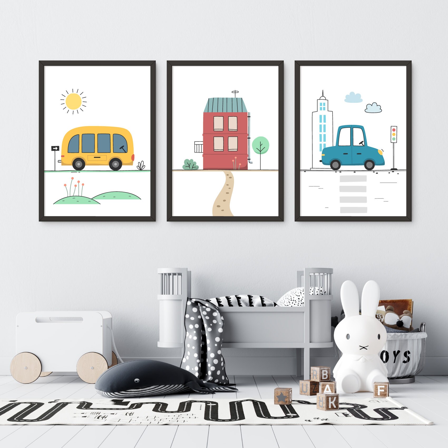 Set of 3 Nursery Prints, Transportation Prints, Car and School Bus Kids ...