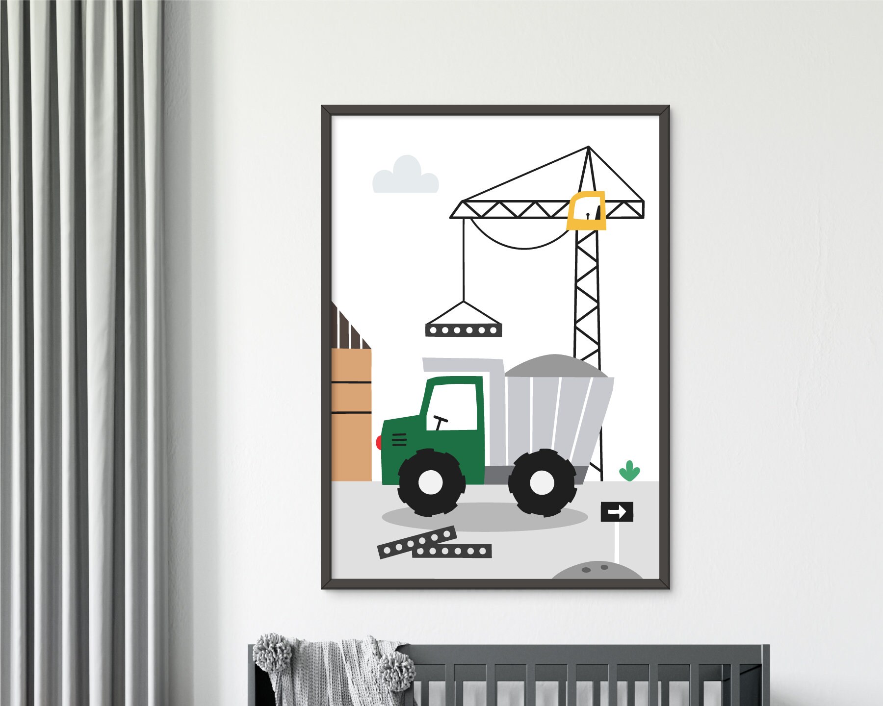 Set of 3 Construction Truck Prints, Tractor, Dump Truck, Crane, Nursery ...