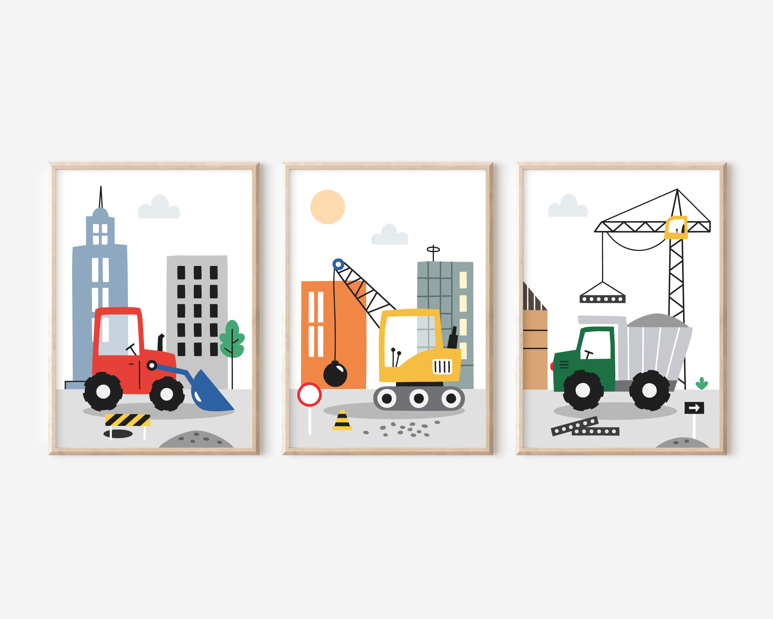 Set of 3 Construction Truck Prints, Tractor, Dump Truck, Crane, Nursery ...
