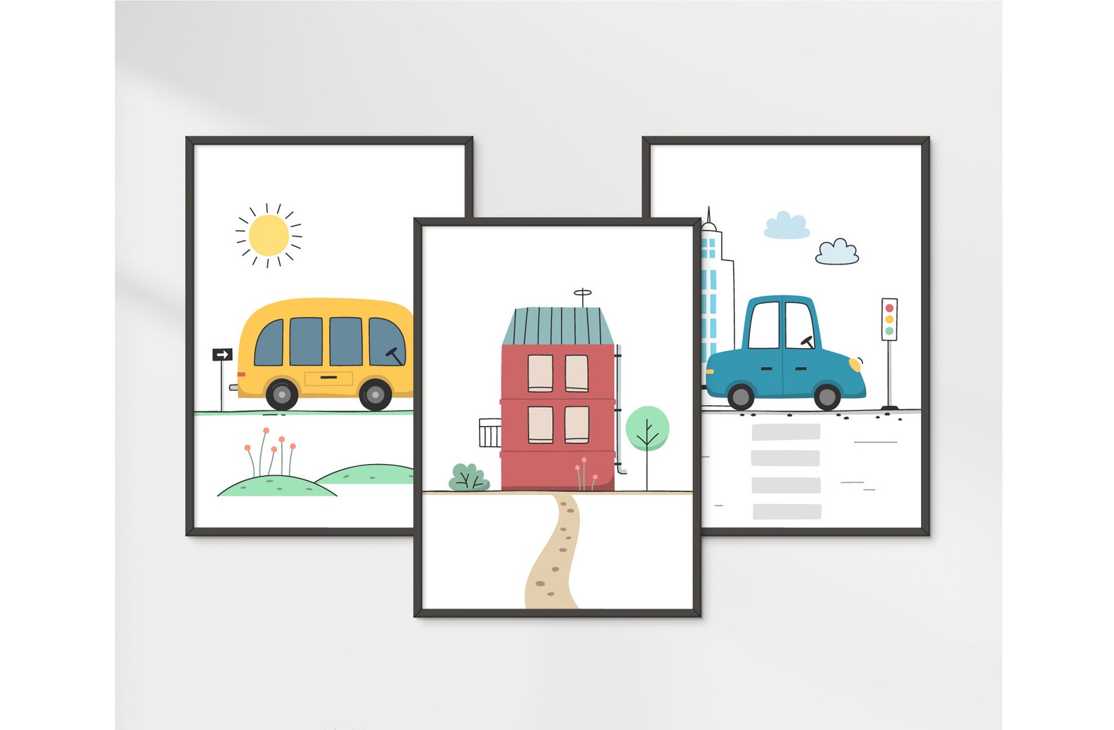 Set of 3 Nursery Prints, Transportation Prints, Car and School Bus Kids ...