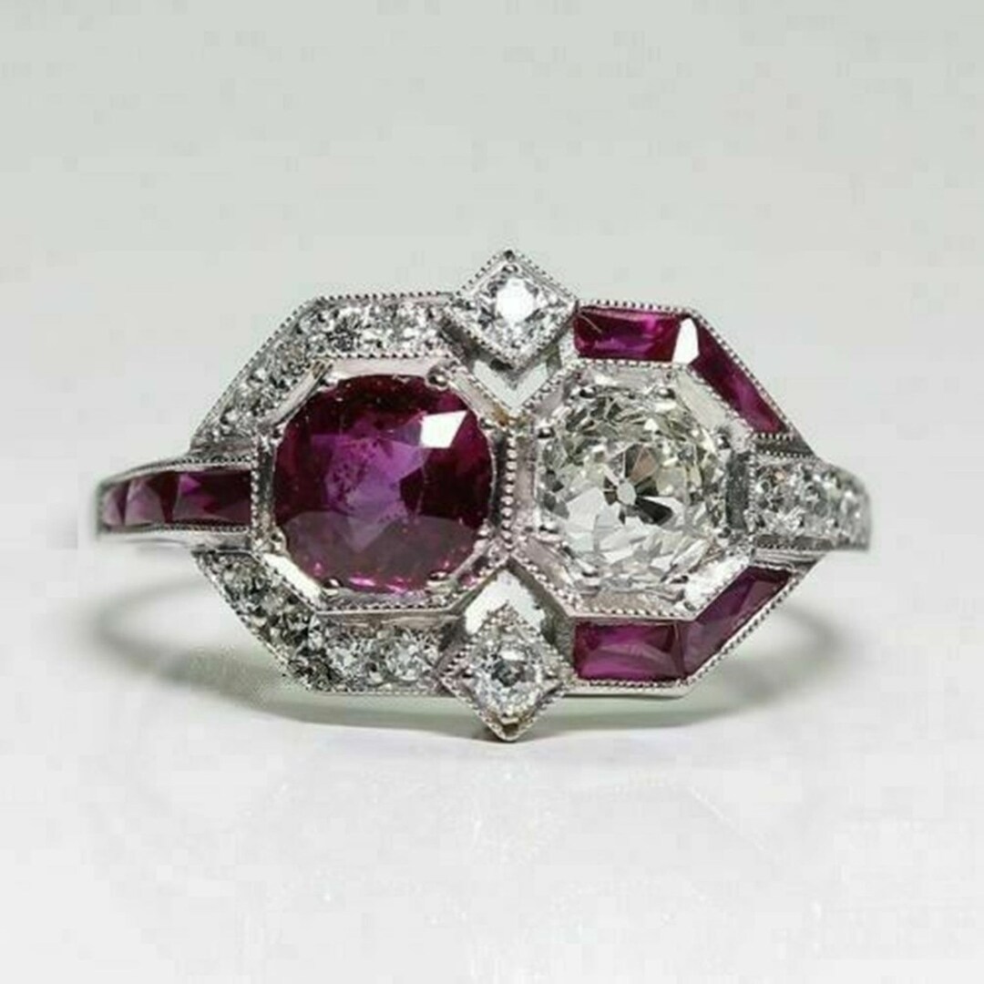 Old European Cut Pink Ruby Diamond Ring, Antique Art Deco Engagement ...