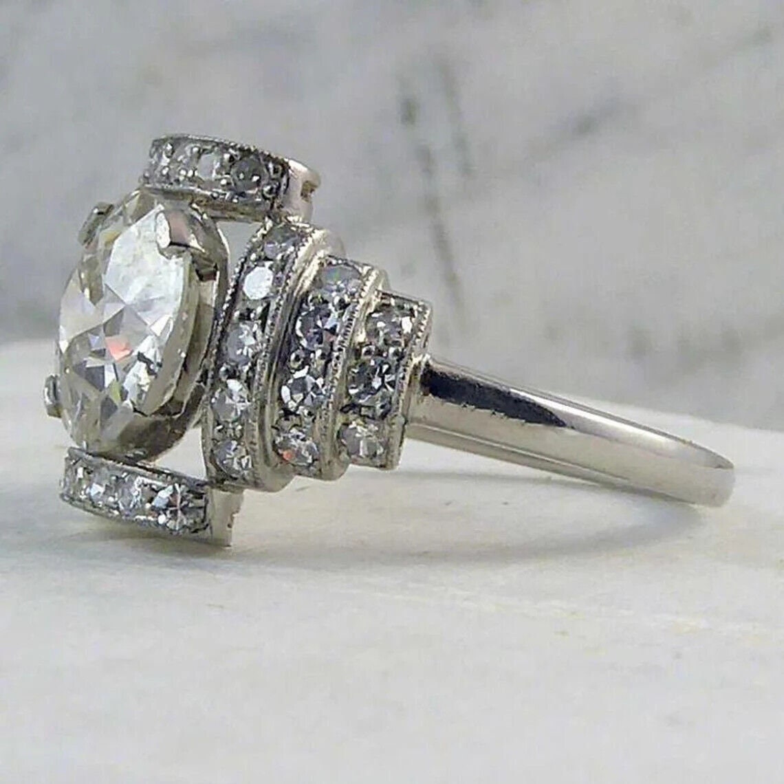 Art Deco Round Diamond Engagement Ring, Art Deco Anniversary Ring, Art ...