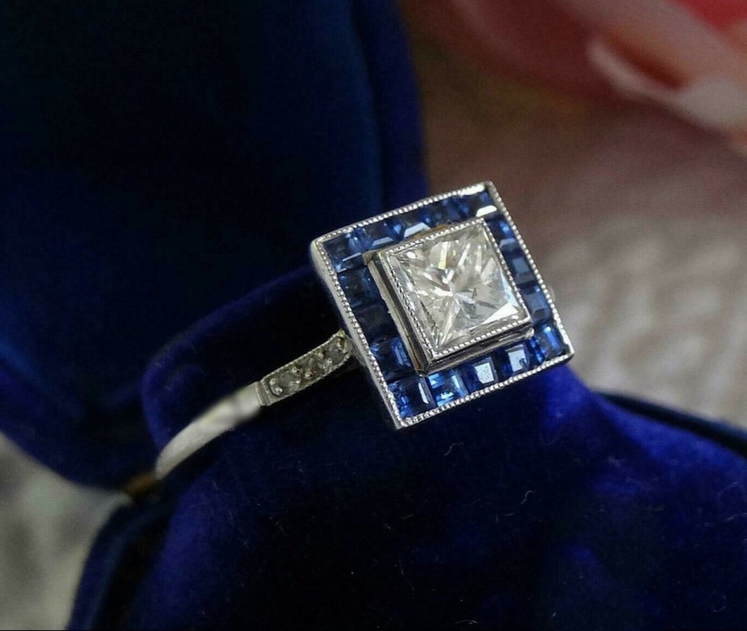 Art Deco Princess Cut Diamond Ring, Edwardian Engagement Ring, Vintage ...