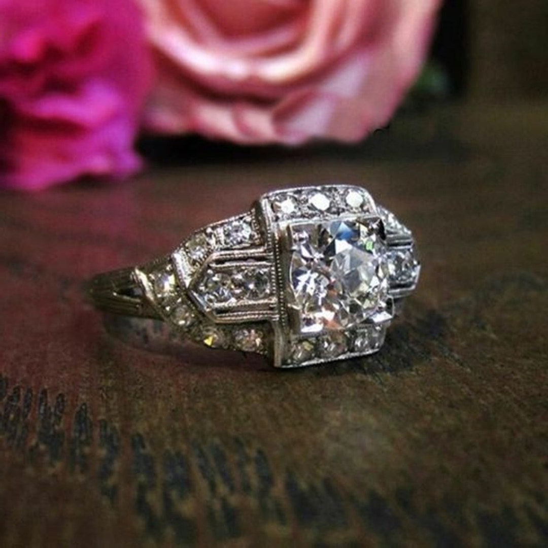 Round Old European Cut Diamond Ring, Miligrain Vintage Victorian Ring ...