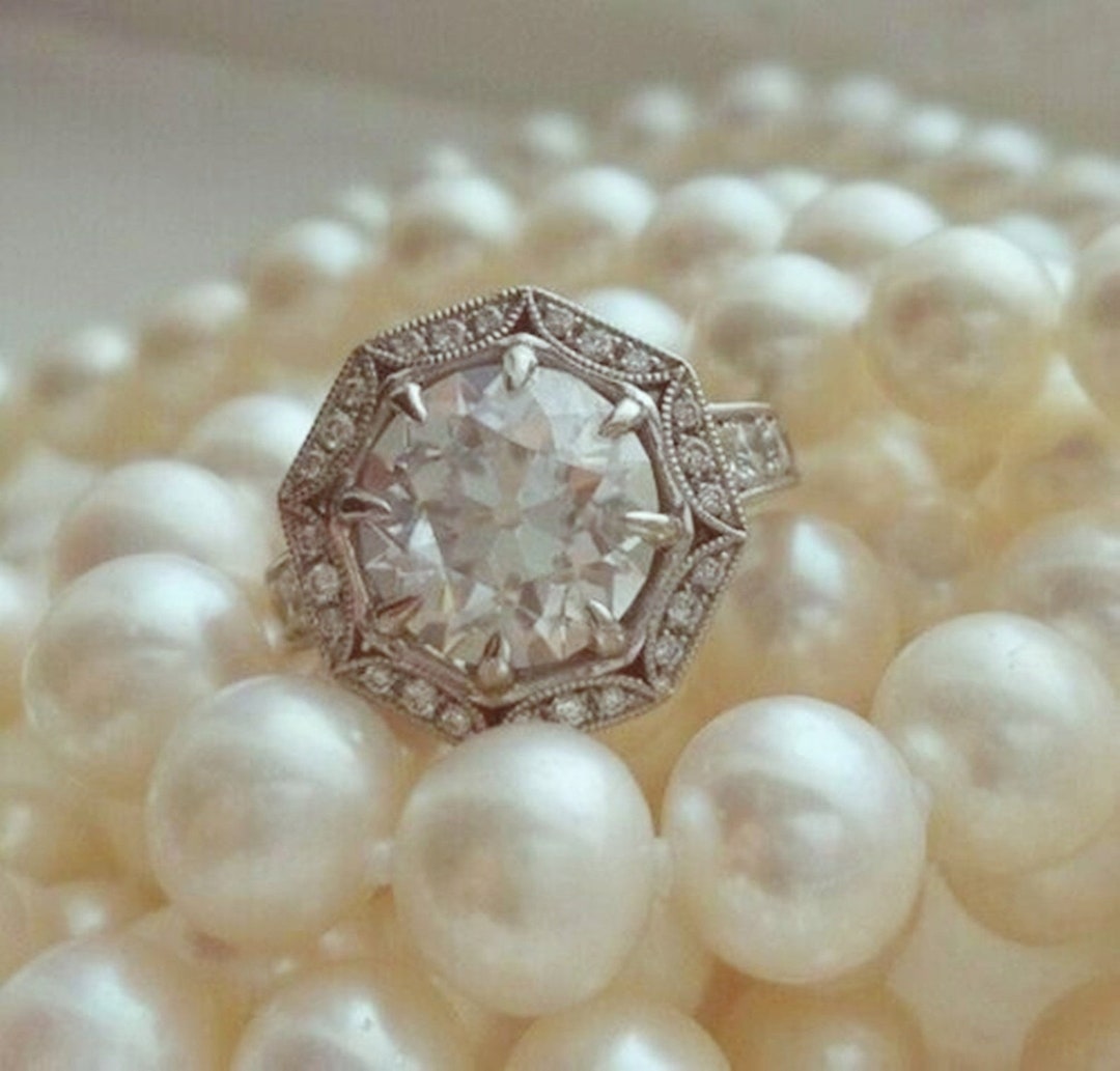 Art Deco Octagon Shape Diamond Ring, Old European Cut Diamond ...