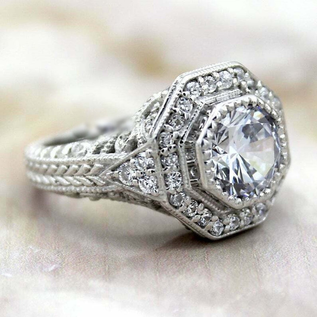 Vintage Engagement Diamond Ring, Octagon Shape Halo Diamond Ring, Round ...