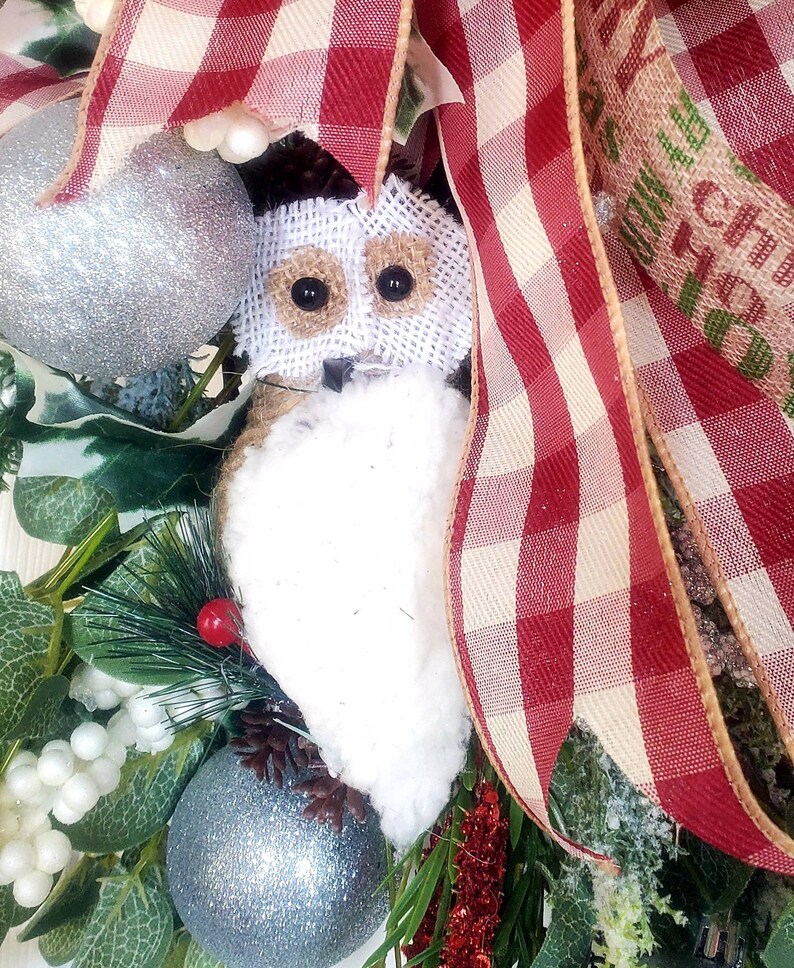 Christmas Owl Wreath With Gingham Red Bow/ Eucalyptus Greenery/ Snow ...