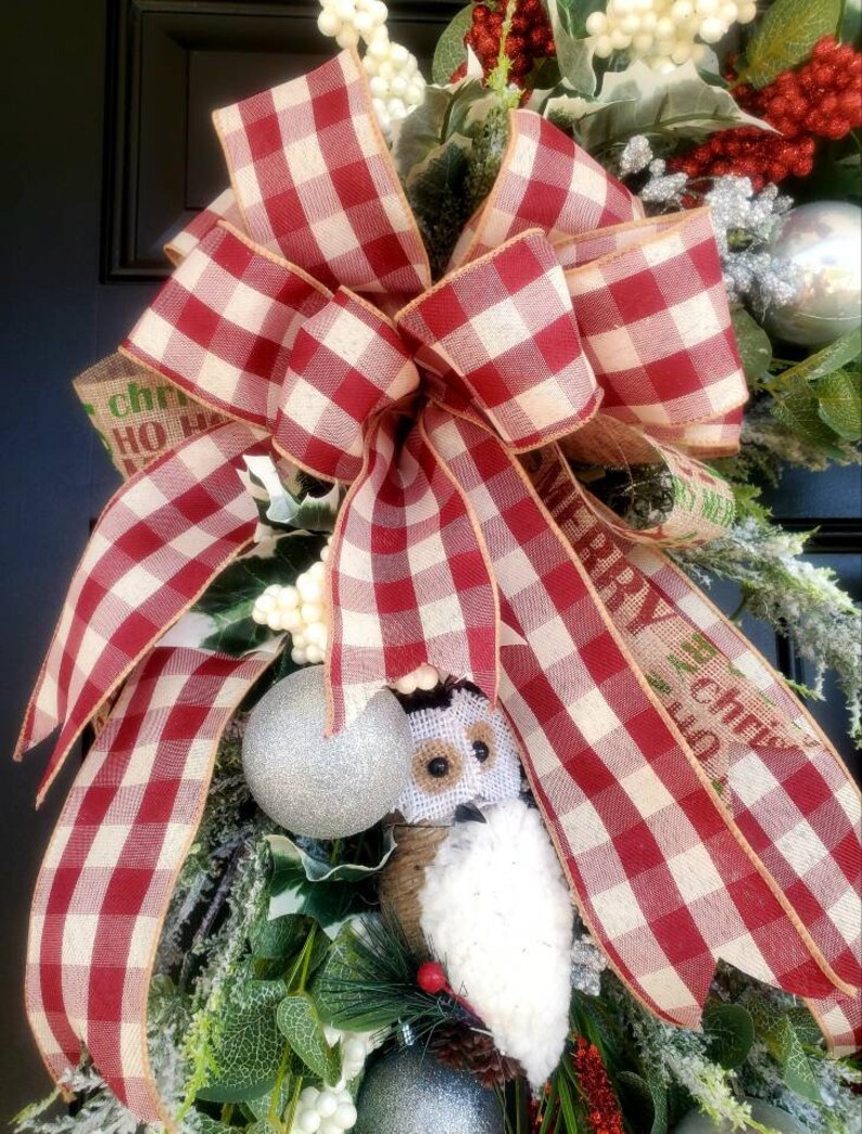 Christmas Owl Wreath With Gingham Red Bow/ Eucalyptus Greenery/ Snow ...