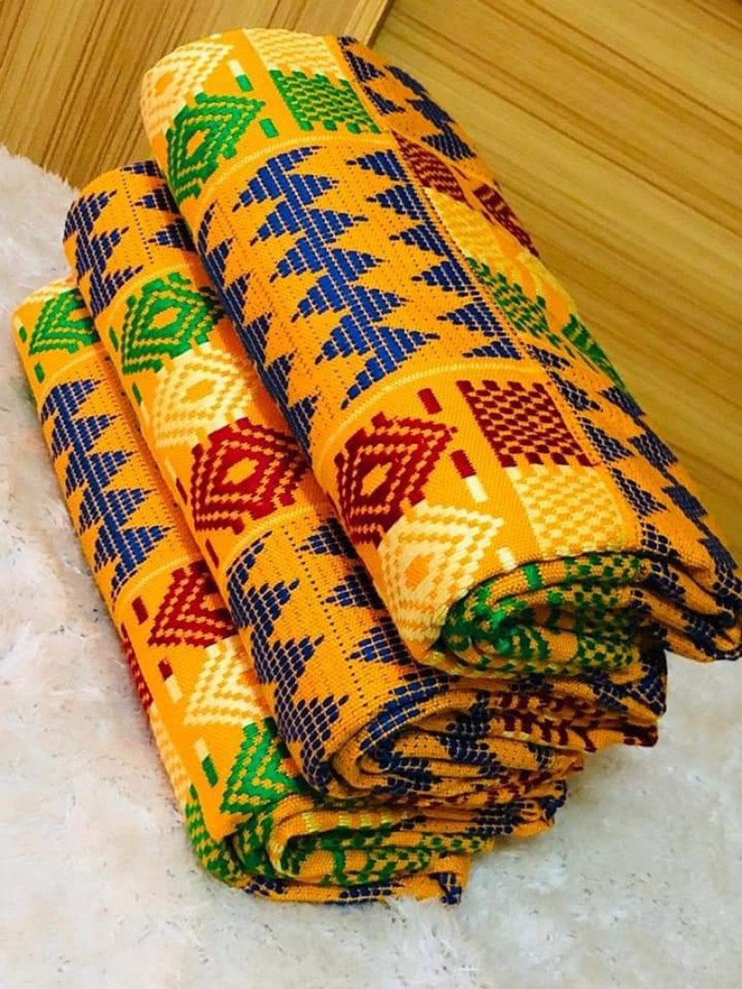 Ghana Authentic Handwoven Blue, Gold and White Kente 6 Yards Kente ...