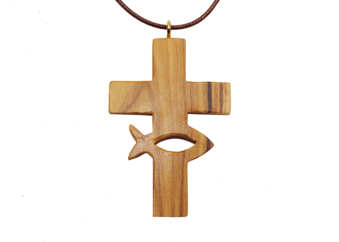 Handmade Olive Wood Fish & Cross Pendant - Etsy
