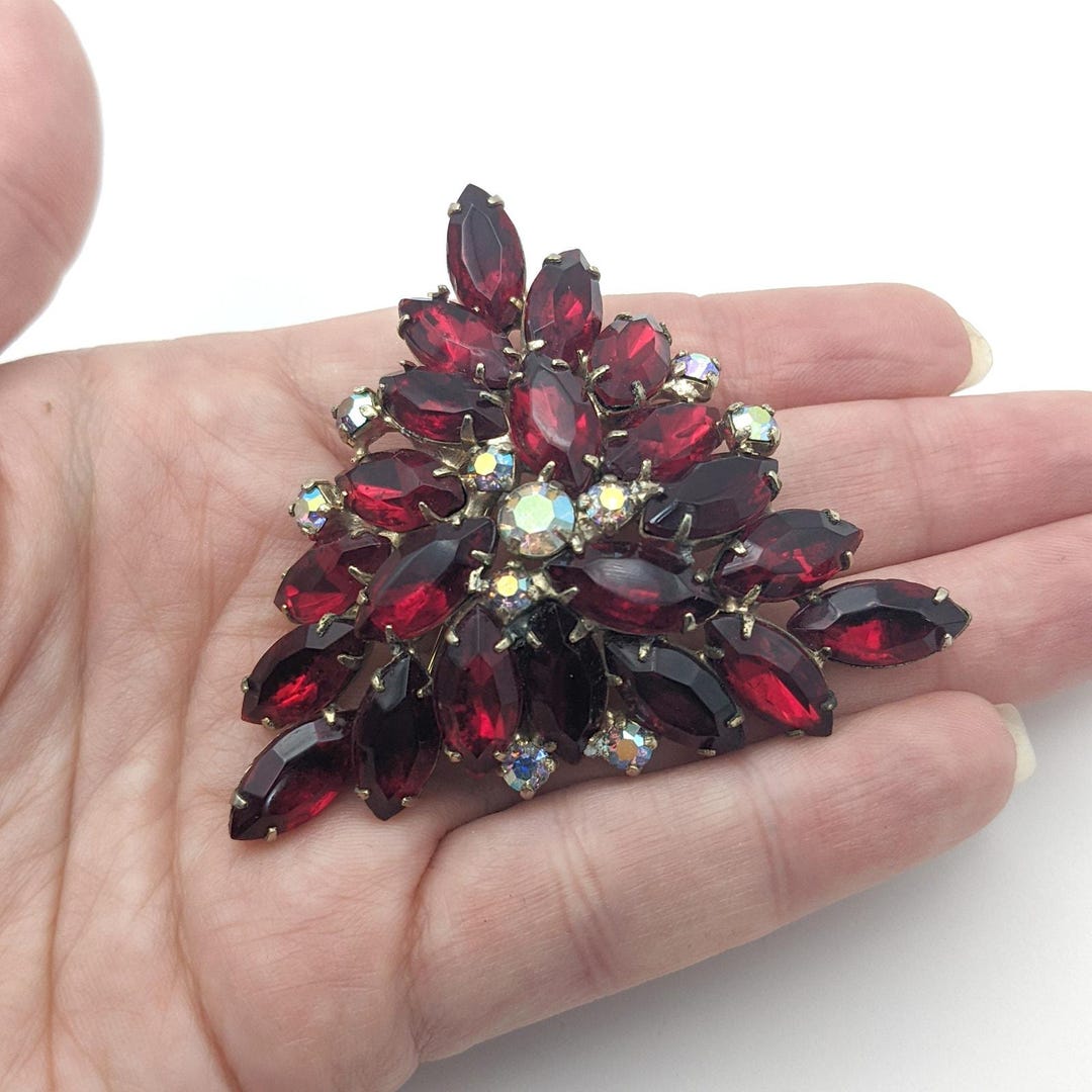 Vintage Red Rhinestone Brooch Triangle Shape With AB Crystals - Etsy