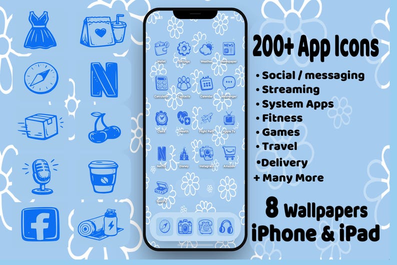 Blue App Icon Pack: 200+ Icons & Wallpapers (iphone / Ipad) (digital ...