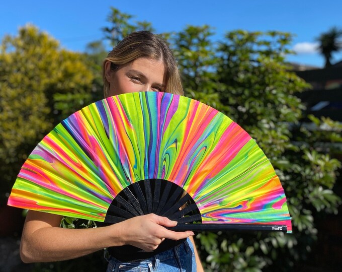 UV Flow Glo Hand Fan/ Rave Fan/ Festival Fan/ Club Fan/ Large Hand Fan/ Black Light Reactive ...