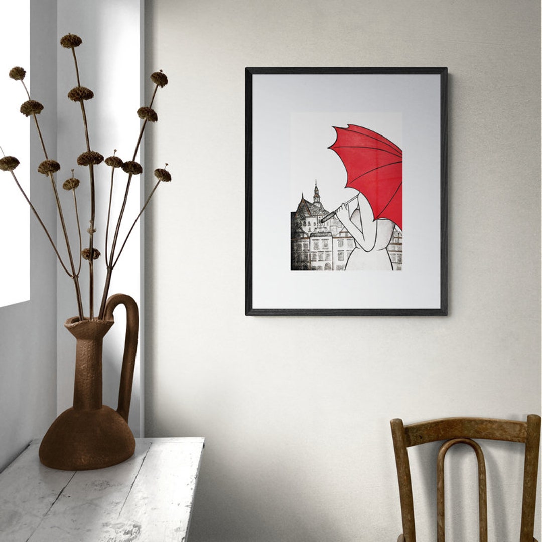 Red Umbrella Lady Giclee Print | A4 Art Print | Vienna Art | Red Black ...