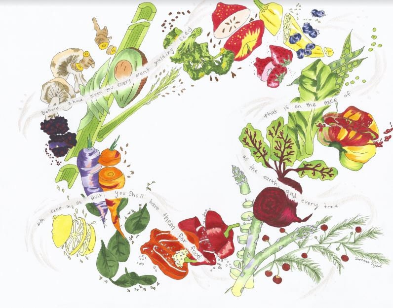 Fruits and Vegetable Art Print/ Fruits and Veggies Drawing/ Garden Art ...