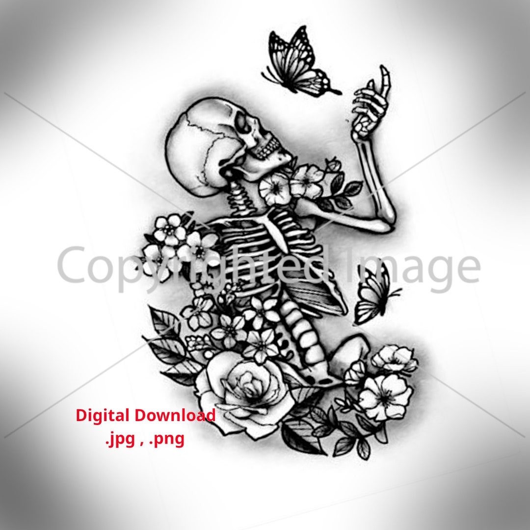 Tattoo Design Cool Design Skeleton in Flowers Digital Download - Etsy