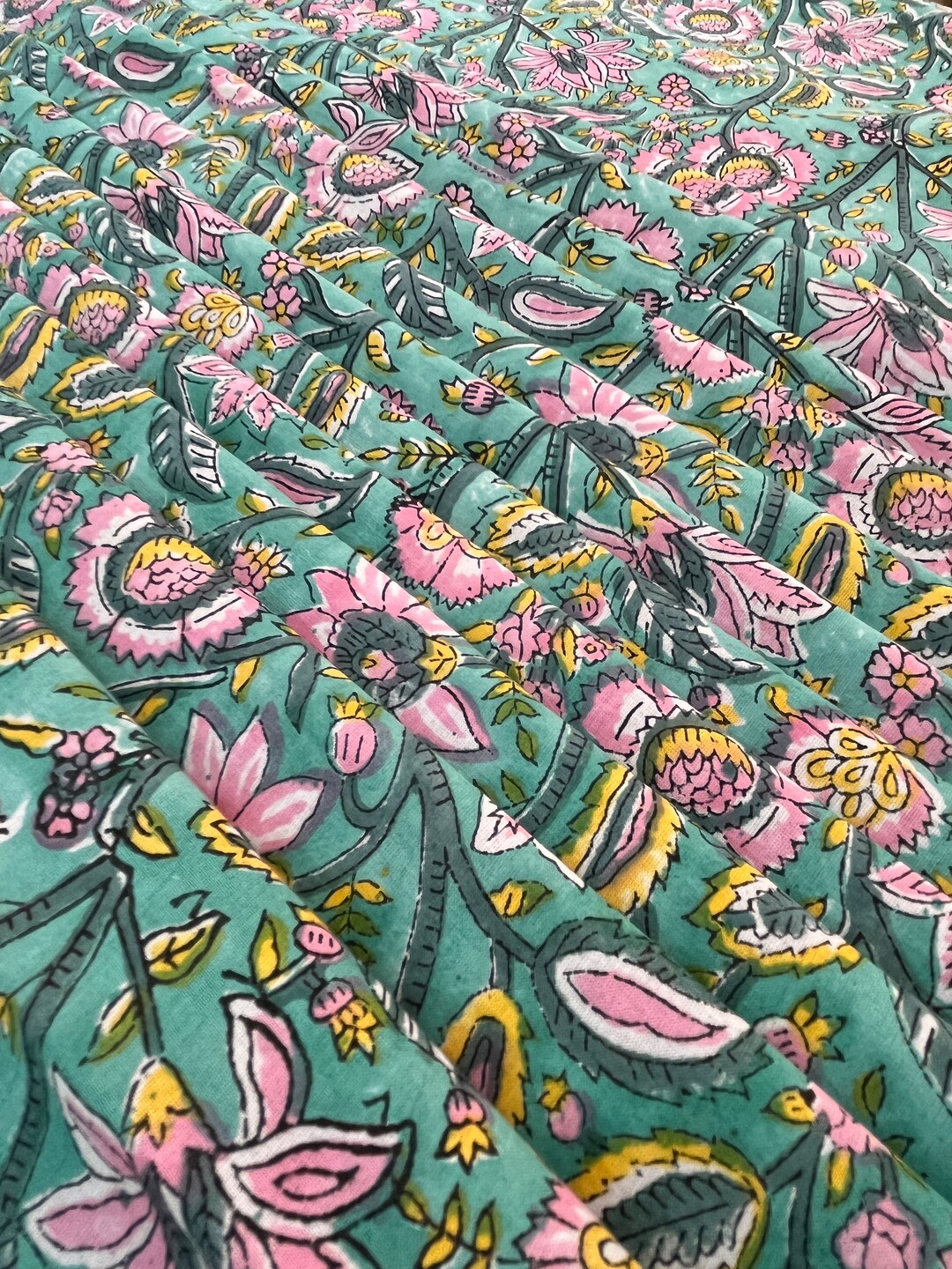 Green Floral Block Print Cotton Fabric: Handmade Quilt Material - Etsy