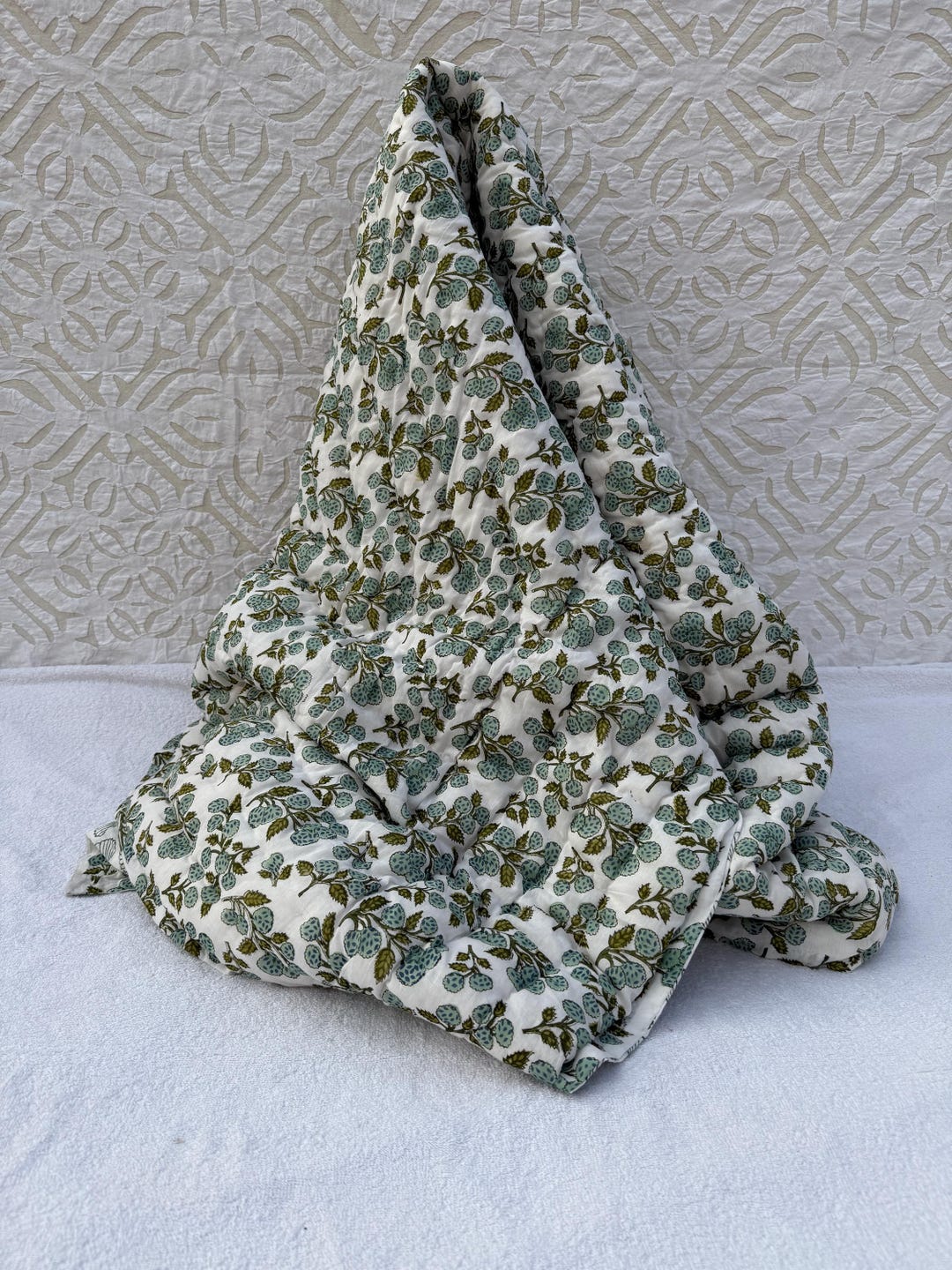 Green Tree Queen Razai Blanket: Organic Cotton Quilted Coverlet - Etsy